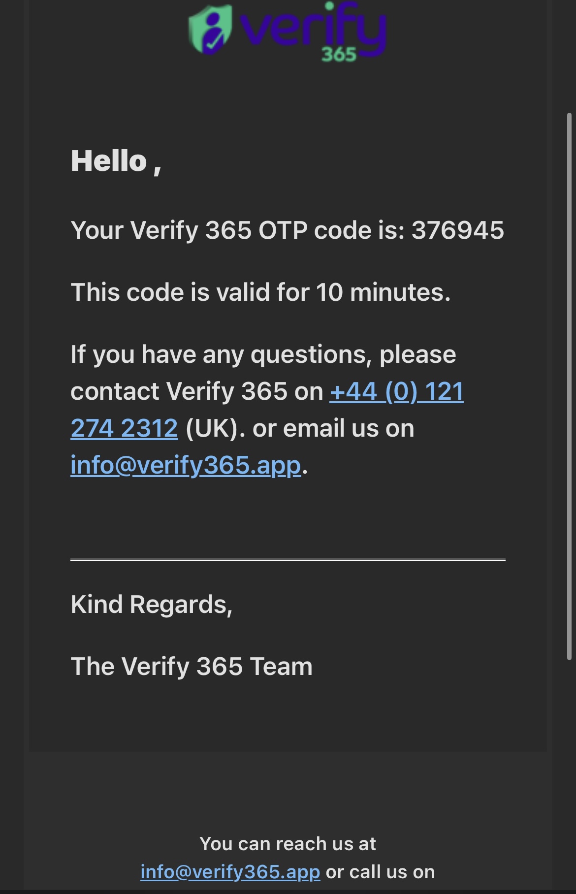 OTP codes – Verify 365 - Digital Onboarding Technology